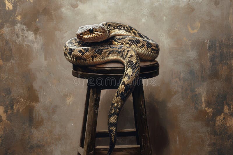 Majestic Snake Resting on Wooden Stool, a Captivating Portrait Stock ...