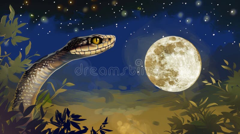 Majestic Snake Under Glowing Full Moon in Starry Night Sky Stock Photo ...