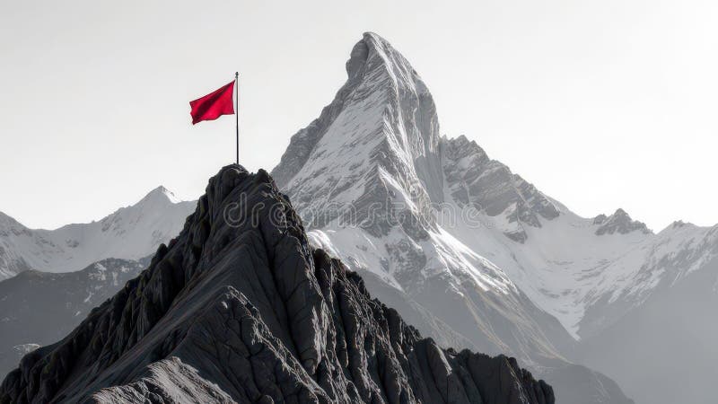 Majestic Snow-capped Mountain with Red Flag on Rocky Summit Stock ...