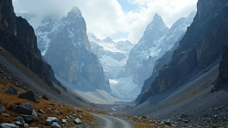 Majestic Snow Covered Mountain Pass with Jagged Peaks Stock ...