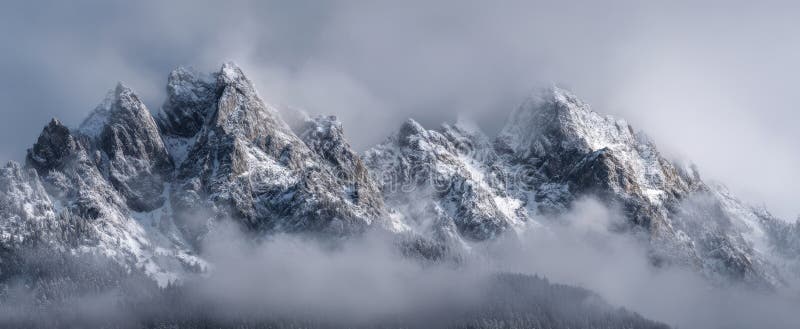 The Majestic Snow-covered Mountains Surrounded by Mist and Clouds. AI ...