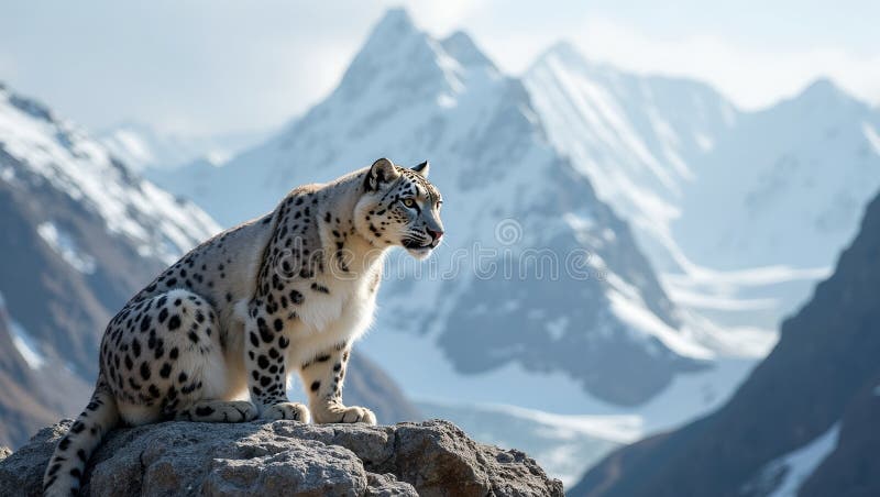 Majestic Snow Leopard Blending with Snowy Himalayan Peaks Stock ...