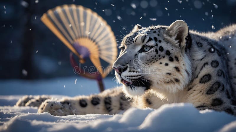Majestic Snow Leopard Resting in Snowy Landscape with a Fan Stock ...