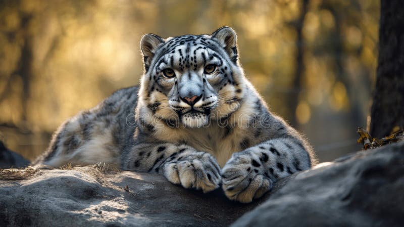 Majestic Snow Leopard Resting on Rocks in Golden Hour Light Stock ...
