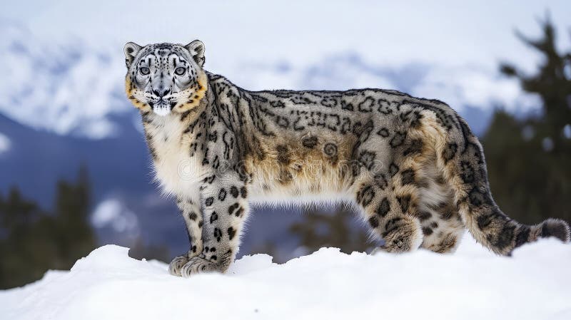 Majestic Snow Leopard Standing in Snowy Mountains Stock Photo - Image ...