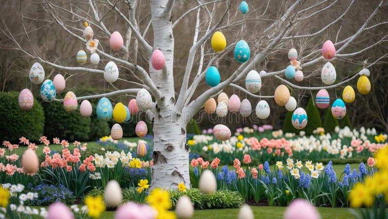 A Majestic Snow White Birch Tree Stands Tall with Hanging Easter Eggs ...