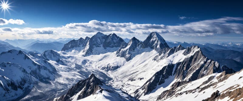 Majestic Snowy Mountain Range Under Clear Blue Sky with Sunburst Stock ...