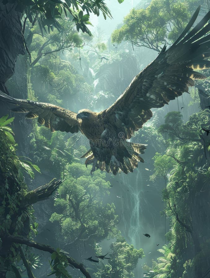 Majestic Soaring Eagle in Dense Lush Forest with Waterfall Background ...