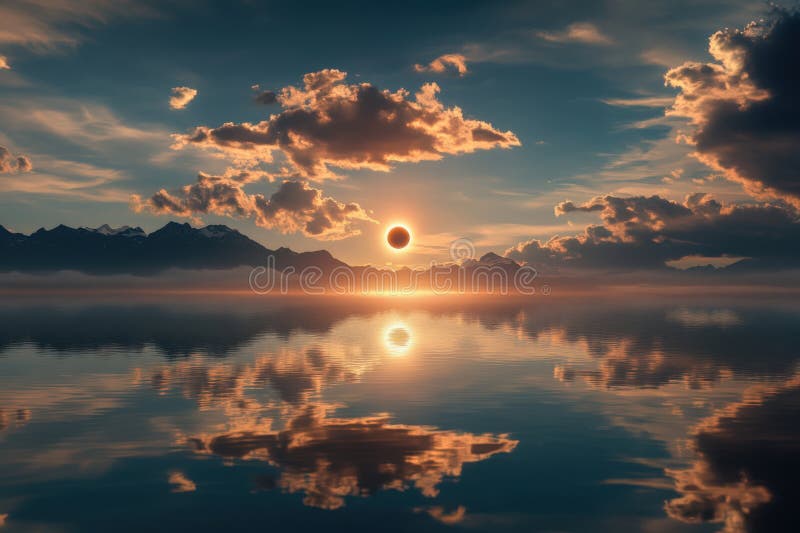 Majestic Solar Eclipse Reflection on a Calm Lake with Clouds Stock ...
