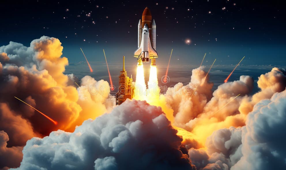 Majestic Space Shuttle Launch into Starry Sky with Powerful Flames and ...