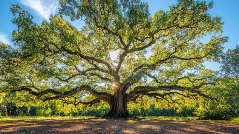 Majestic Sprawling Oak Tree with Sunlight Filtering through Branches in ...