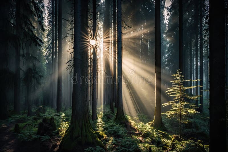 Majestic Spruce Forest in Sunrise, with Rays of Sunlight Shining ...