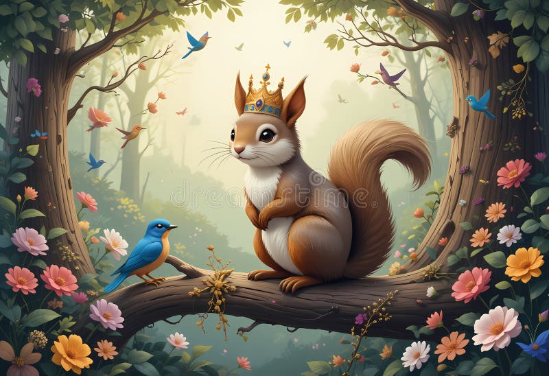 Majestic Squirrel King in a Whimsical Forest Scene Stock Illustration ...