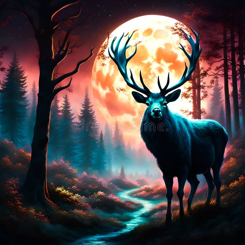 Majestic stag in a forest stock illustration. Illustration of moon ...