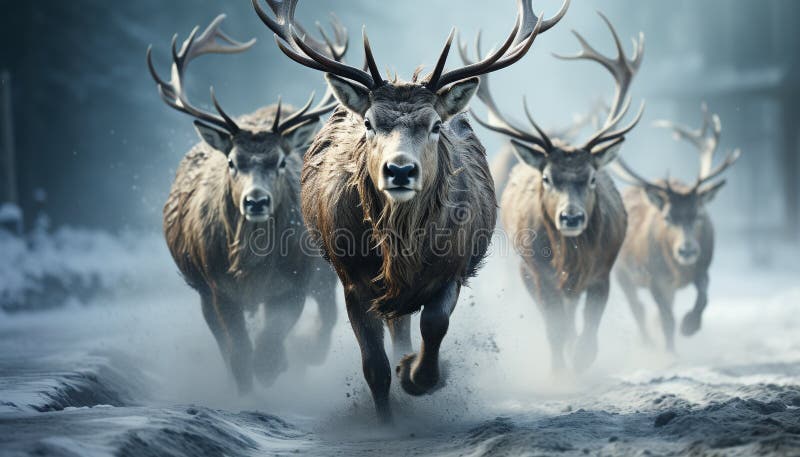 Majestic Stag Running through Snowy Forest, Surrounded by Herd ...