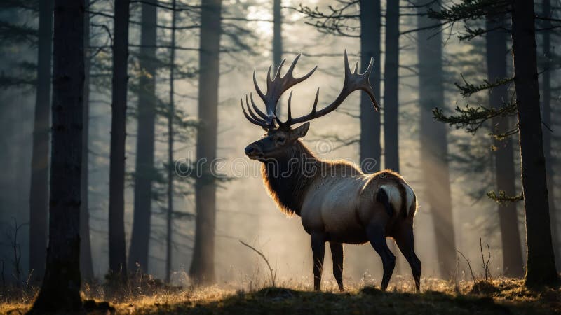 A Majestic Stag Stands in a Misty Forest, Illuminated by Soft Sunlight ...
