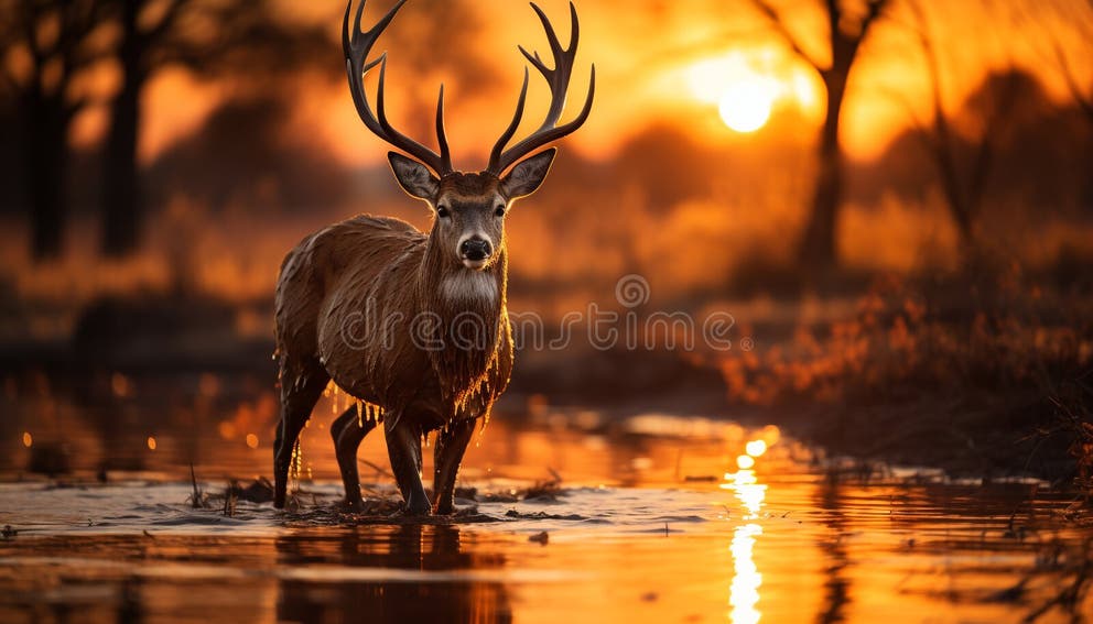 A Majestic Stag Stands in the Tranquil Forest at Sunset Generated by AI ...