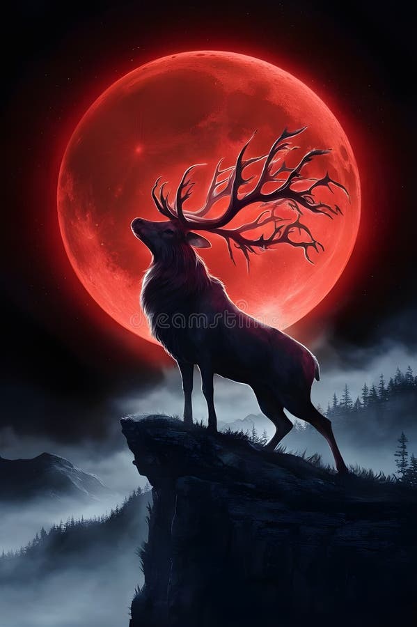 Majestic Stag Under the Blood Moon Stock Illustration - Illustration of ...