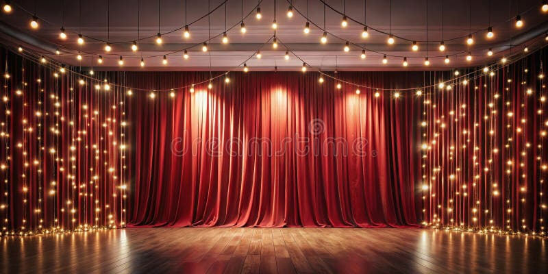 A Majestic Stage Setting with Rich Red Curtains and Warm String Lights ...