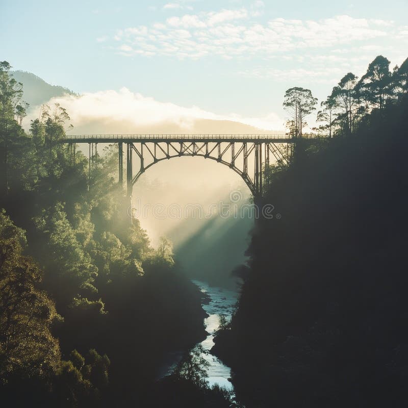 Majestic Steel Bridge through Misty Valley Stock Illustration ...