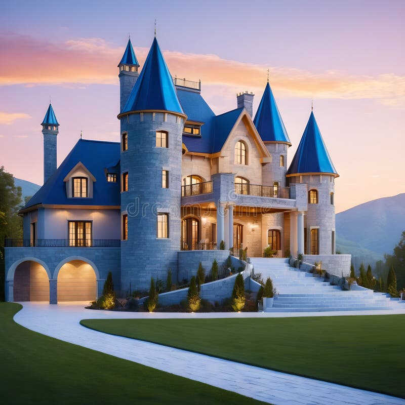 Majestic Stone Castle with Blue Roofs. Stock Illustration ...