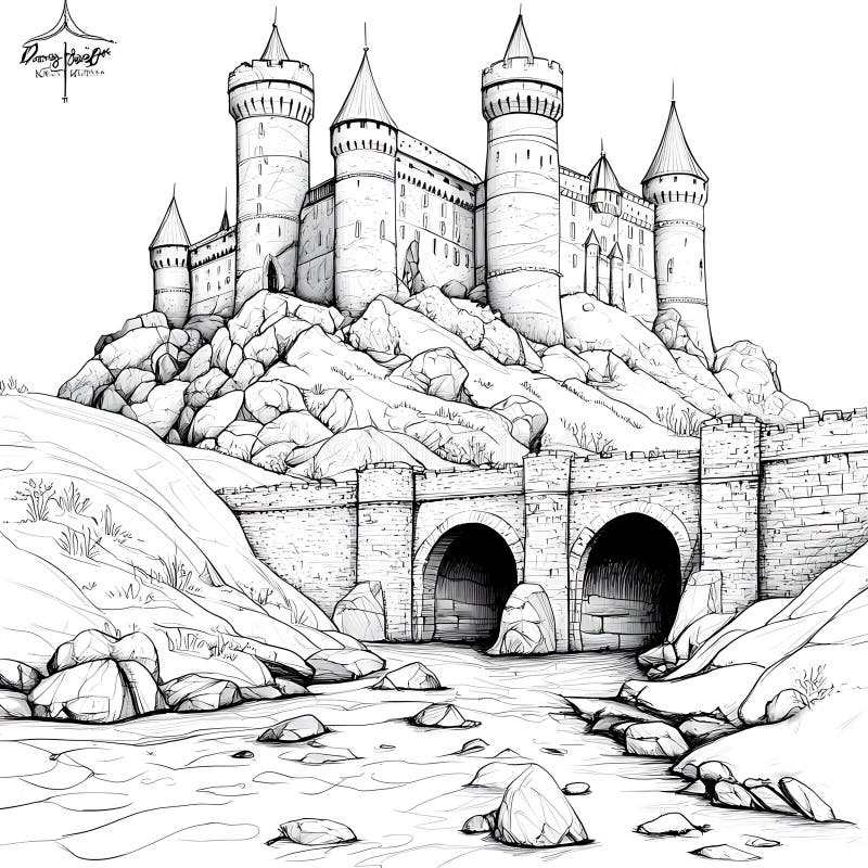 Majestic Stone Castle Drawing Black and White Illustration Stock ...
