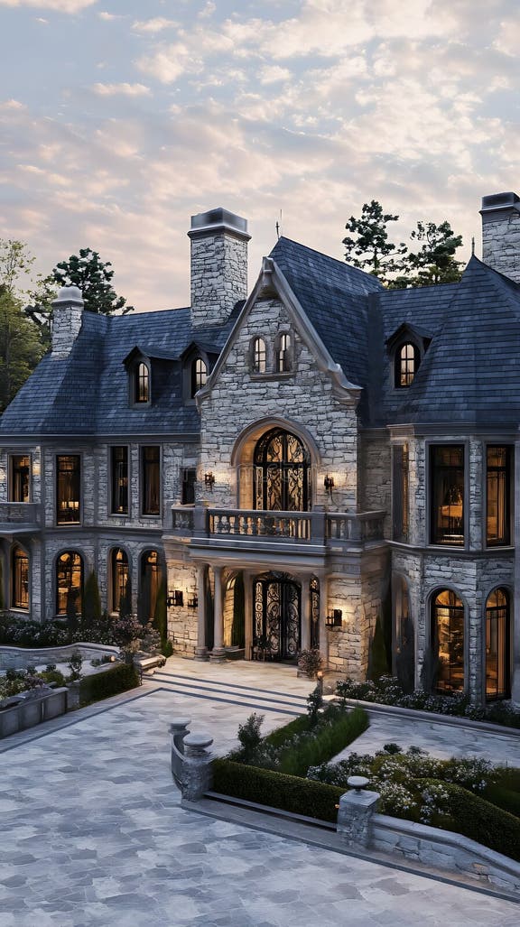 Majestic Stone Mansion 3D Render Evening Twilight Stock Illustration ...