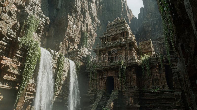 A Majestic Stone Temple Stands Against a Dramatic Backdrop of Cliffs ...