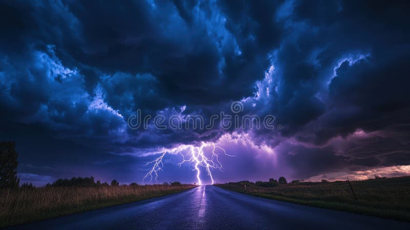 Majestic Storm with Lightning Strikes Over an Empty Road at Dusk Stock ...