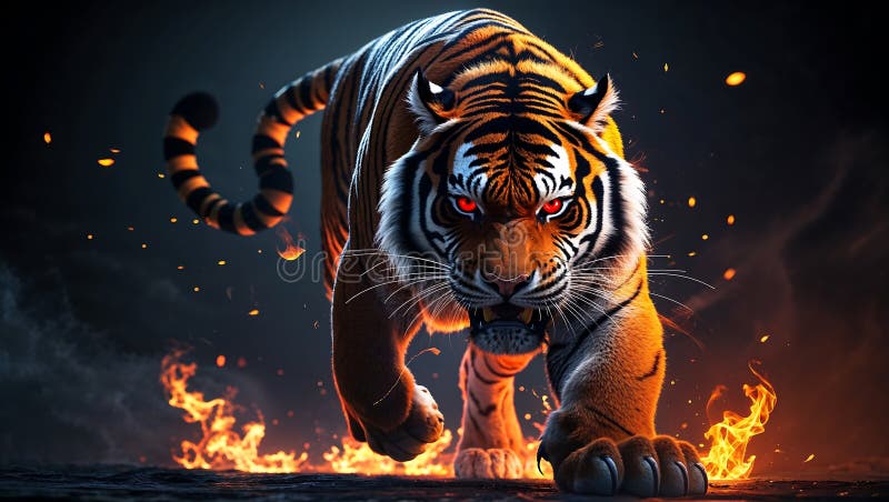 Majestic Stylized Tiger Leaping Forward from Darkness Dynamic Art Stock ...