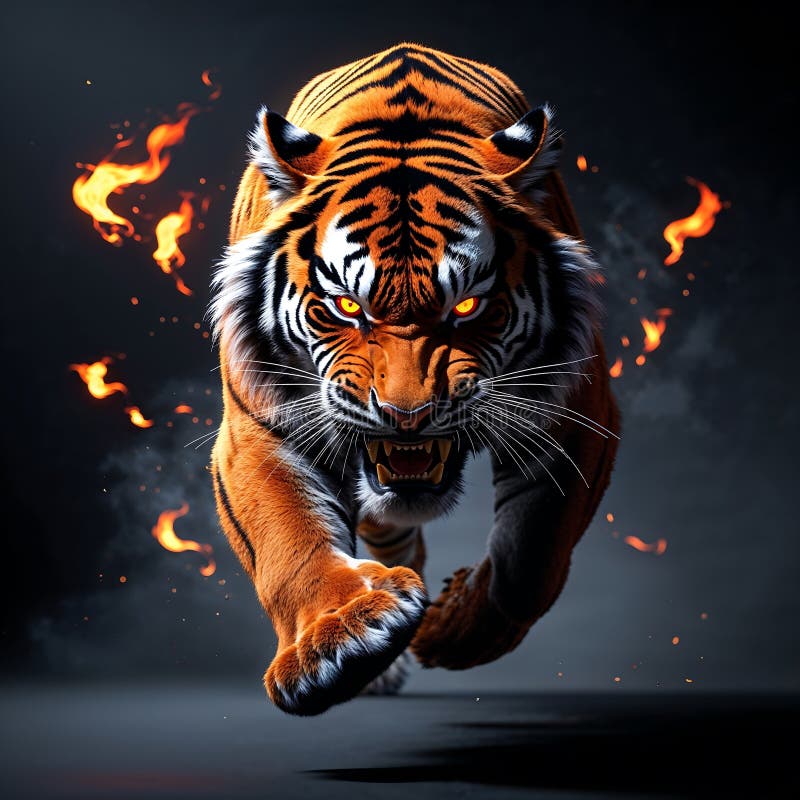 Majestic Stylized Tiger Leaping Forward from Darkness Dynamic Art Stock ...