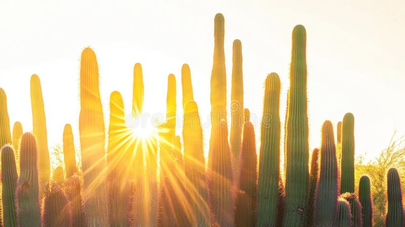 Majestic Sunburst through Desert Cactus Scene at Sunset Stock Image ...