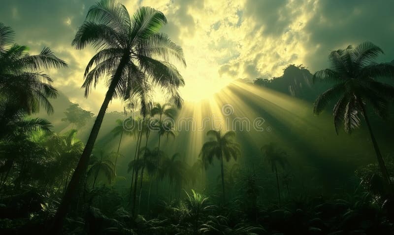 Majestic Sunlight Streaming through Tropical Palm Trees in Lush ...