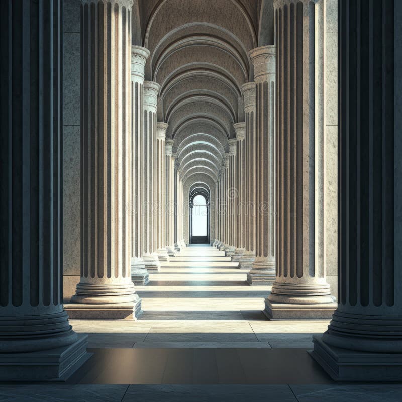 Majestic Sunlit Corridor with Classical Columns in a Grand ...