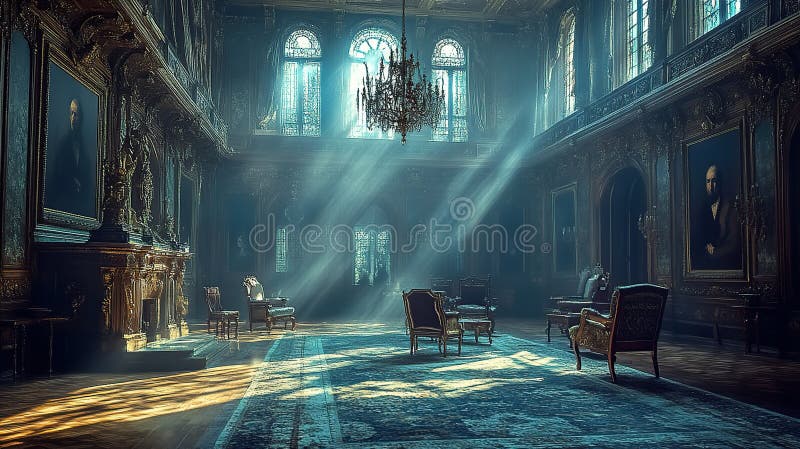 Majestic sunlit grand hall stock illustration. Illustration of charming ...