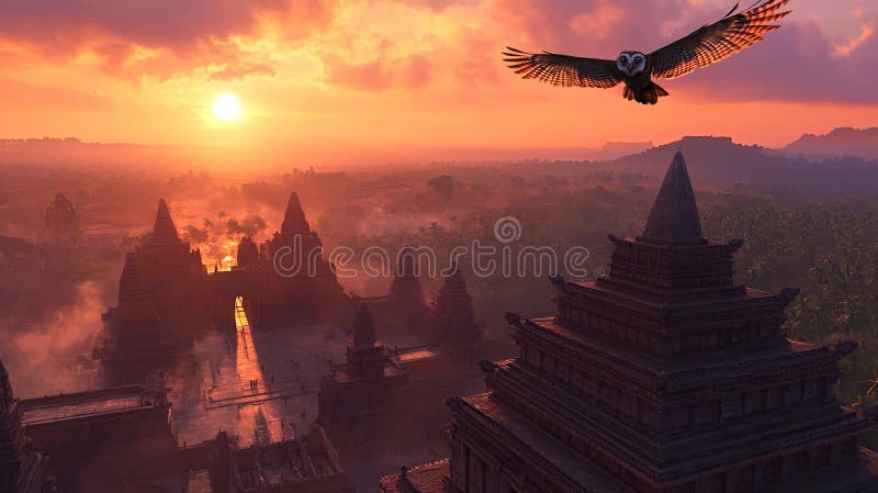 Majestic Sunrise Over Ancient Temple Complex with Owl in Flight Stock ...