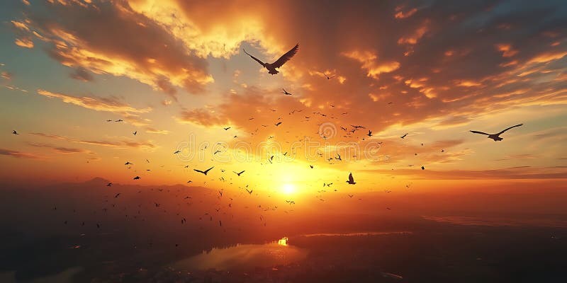 Majestic Sunset Birds in Flight Dramatic Sky Stock Illustration - Illustration of dramatic ...