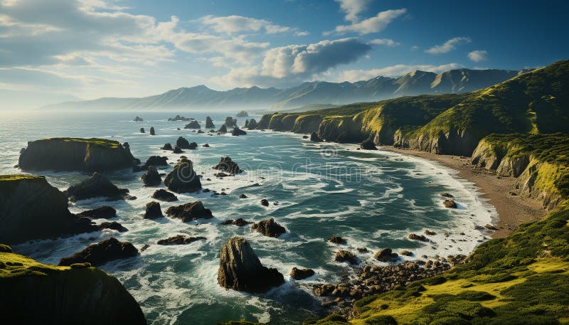 Majestic Sunset Over Tranquil Coastline, Waves Crash Generated by AI ...