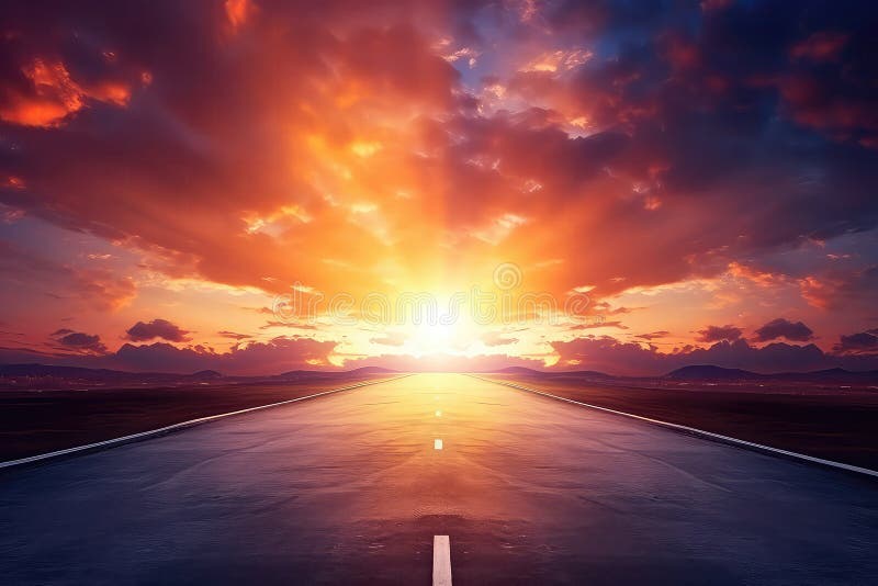 Majestic Sunset Paints Serene Backdrop on Empty Road Stock Illustration ...