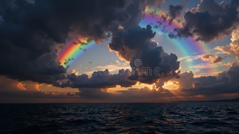 Majestic Sunset with Rainbow Over Ocean and Dramatic Cloudscape Stock ...