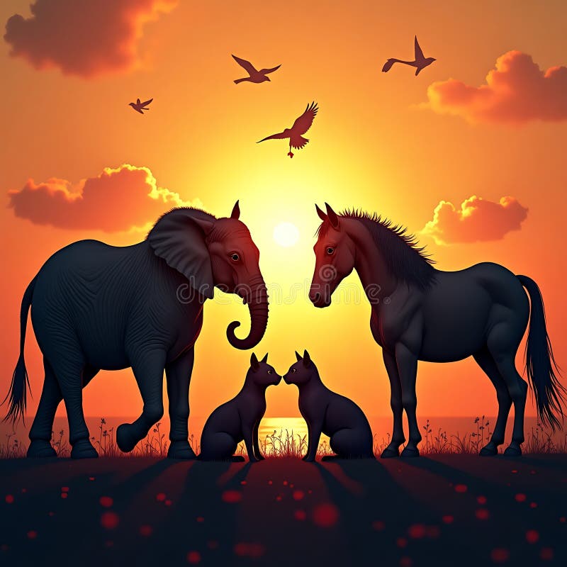Majestic Sunset Silhouette of Elephant, Horse, and Cats Stock Illustration - Illustration of ...