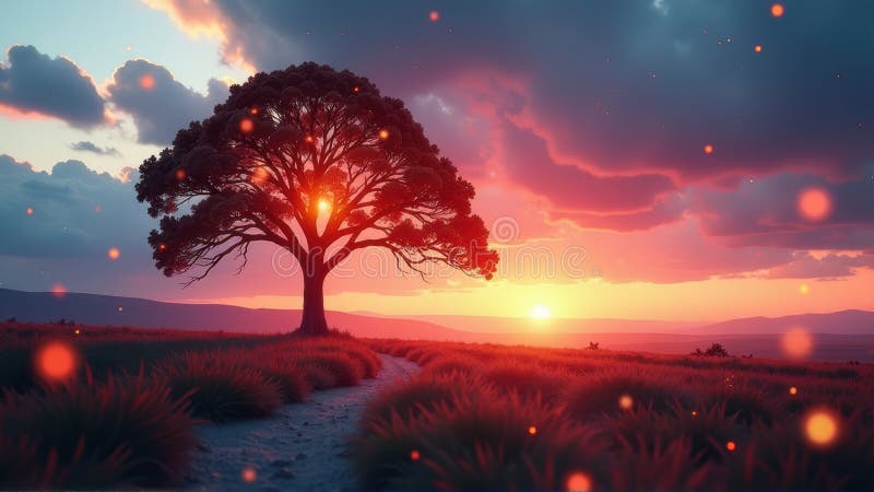 Majestic Sunset Silhouette of a Lone Tree Stock Illustration ...