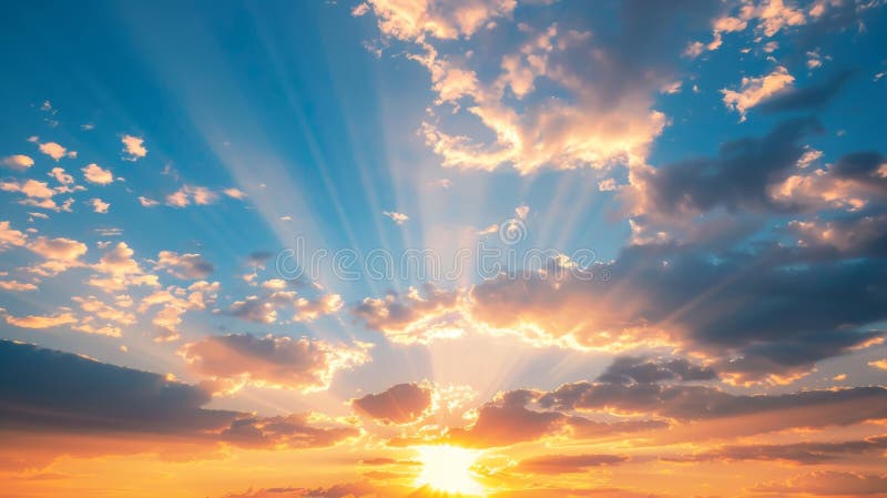 Majestic Sunset Sky with Radiant Clouds and Sunbeams Stock Illustration ...