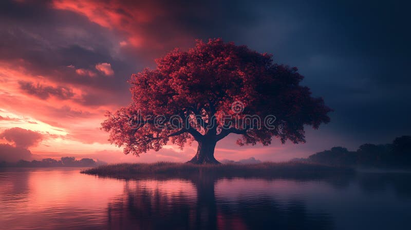 Majestic Sunset Tree Reflection Stock Illustration - Illustration of ...