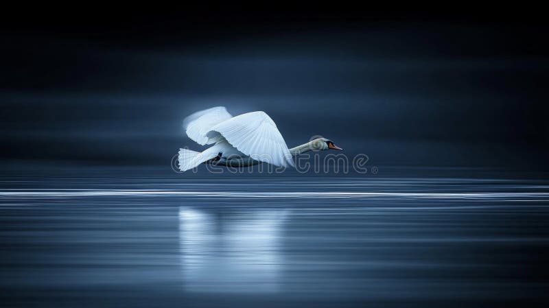 Majestic Swan in Flight Over Dark Water at Night Stock Illustration ...