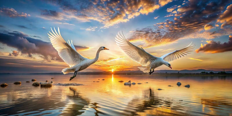 Majestic Swans in Flight at Sunset Over Calm Water. Generative AI Stock ...