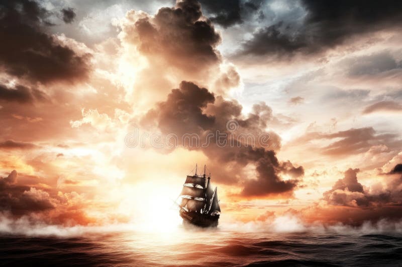 Majestic Tall Ship Sailing through Dramatic Sunset Clouds on Ocean ...