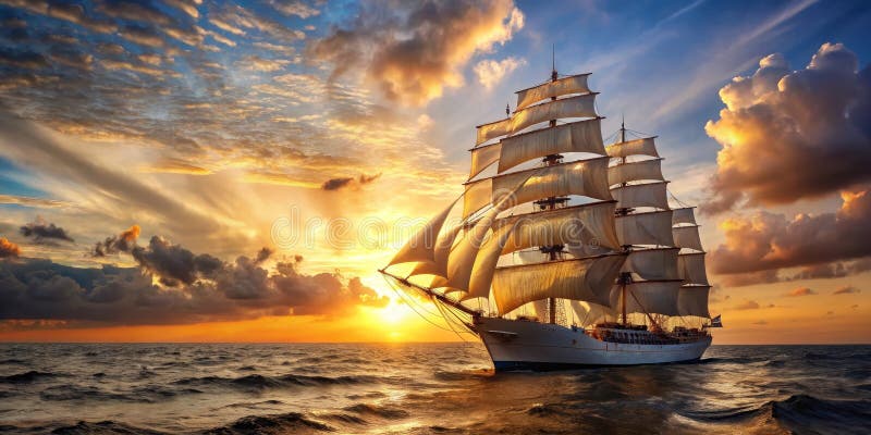 Majestic Tall Ship Sailing at Sunset on a Dramatic Ocean. Generative AI ...