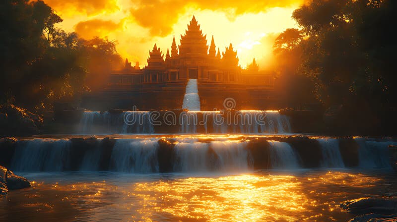 A Majestic Temple with a Waterfall Cascading Down Its Front, Bathed in ...