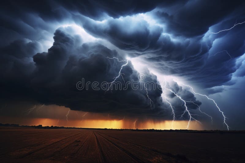 Majestic Thunderstorm Over Countryside Field with Lightning Strikes ...